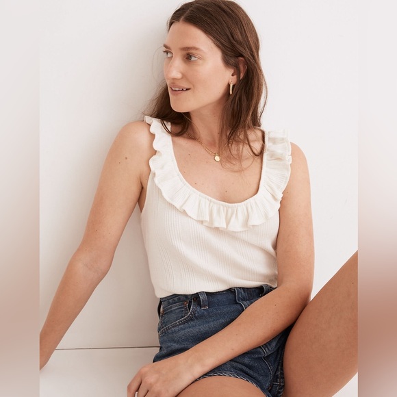 Madewell | Tops | Madewell Ribbed Pointelle Ruffled Scoop Tank Cream White Size Medium | Poshmark